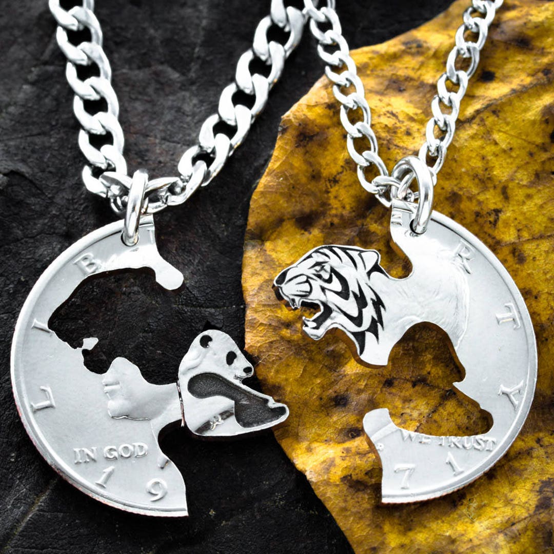 Hand Cut Coin Necklaces for 2: Tiger and Panda BFF Set - Etsy