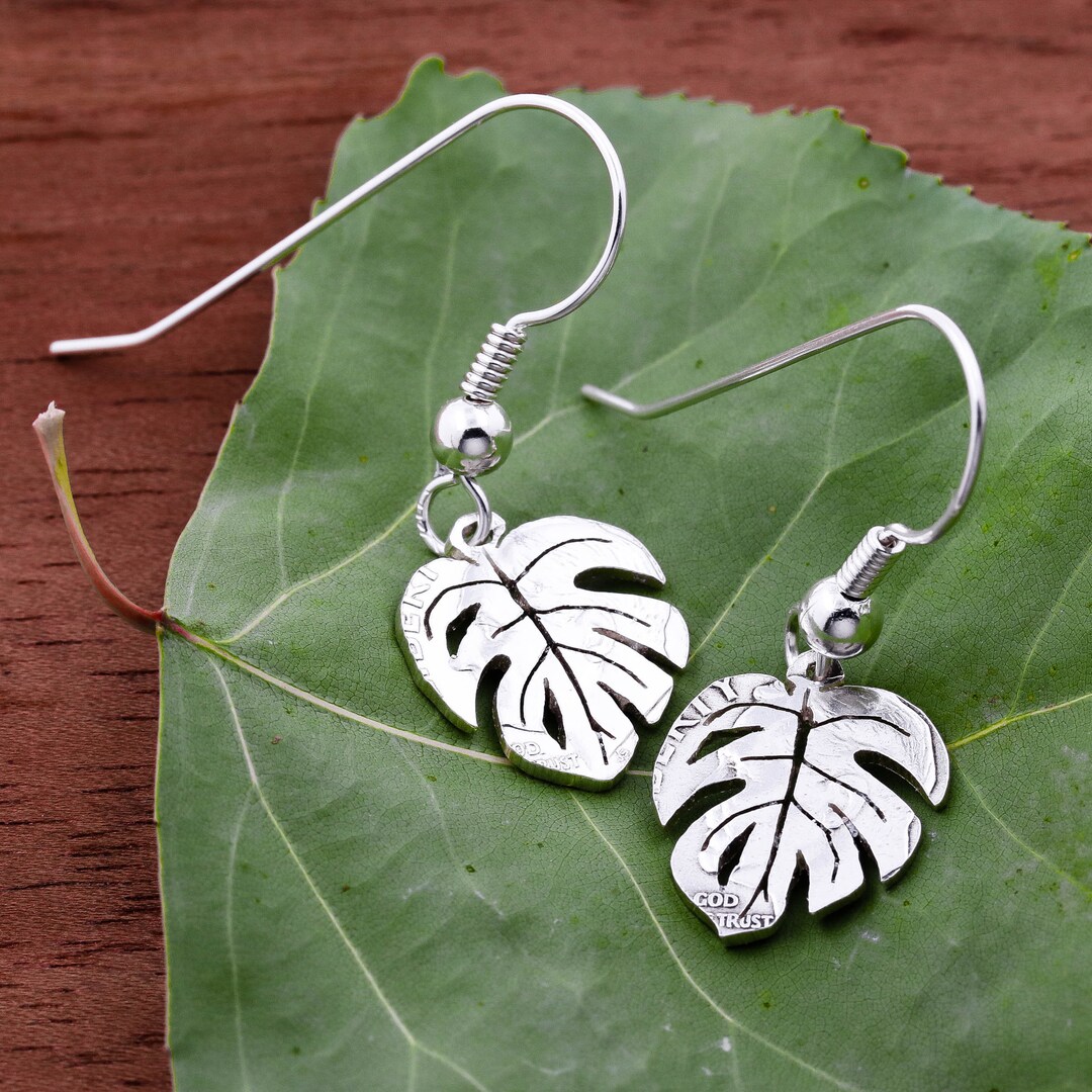 Silver Monstera Leaf Earrings: Hand-cut Dime, Sterling Silver Hooks - Etsy