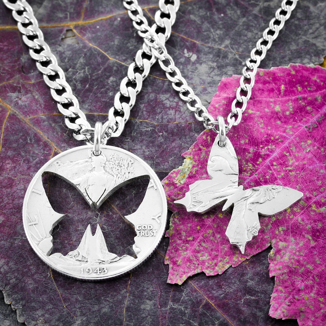 Hand Cut Coin Butterfly Necklace Set, BFF Jewelry - Etsy