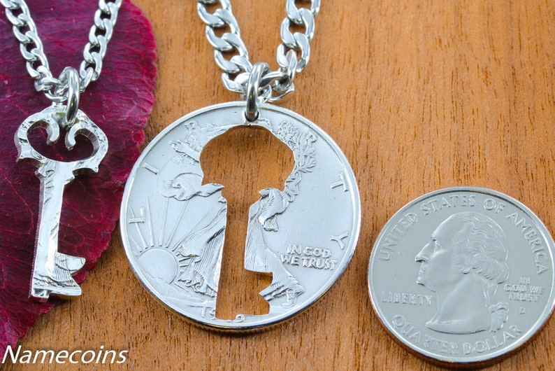 Key Necklace Couples Jewelry Quarter Relationship Hand Cut - Etsy