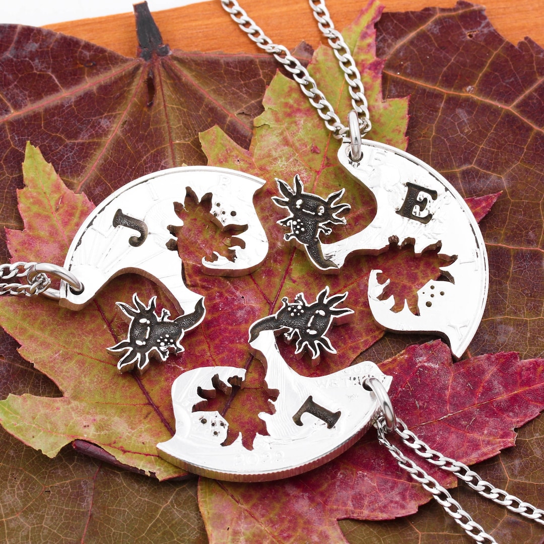 3 Piece Axolotl Necklace Set: Custom Initial Engraved, Hand Cut Coin ...