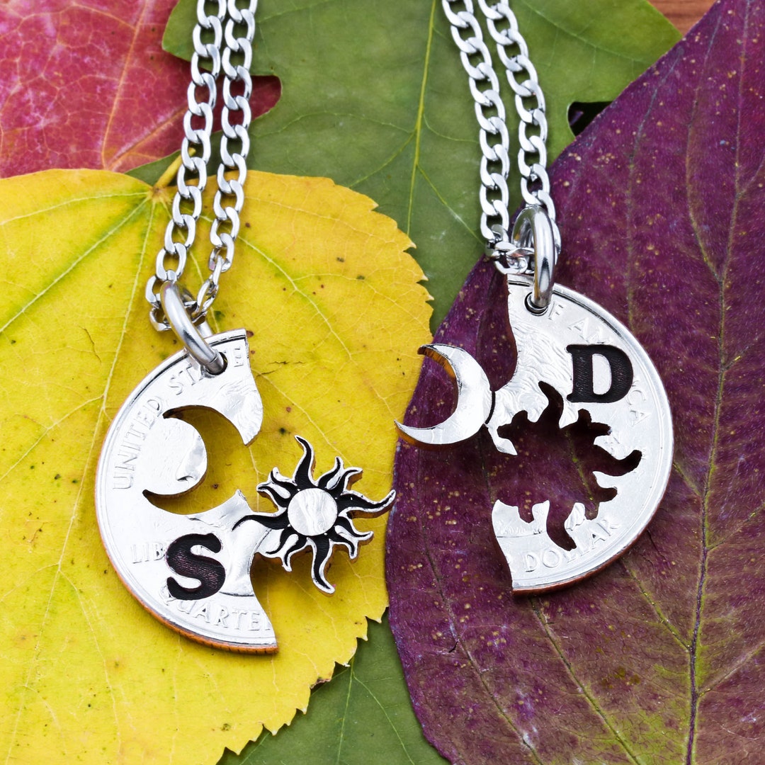 Hand Cut Coin Necklace Set: Moon and Sun, Custom Initial Jewelry - Etsy