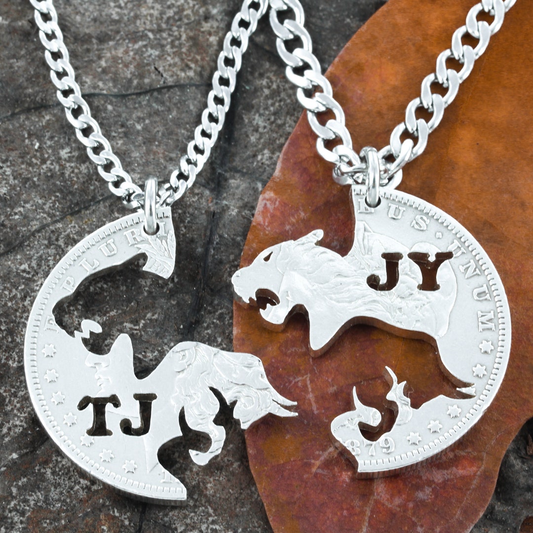 Hand Cut Coin Necklace Set: Charging Bull & Lioness, Interlocking ...