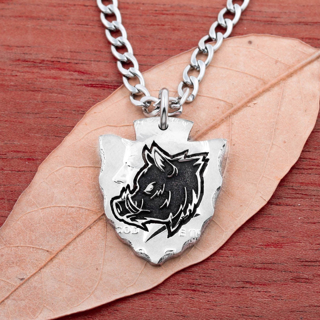 Boar Arrowhead Necklace, Pig Head, Engraved Hunting Jewelry, Gifts for ...