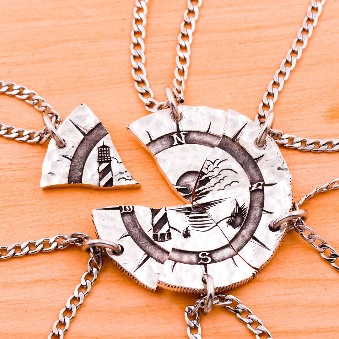 Engraved Compass Lighthouse Necklace Set: Ocean Sunset Coin Pendants - Etsy