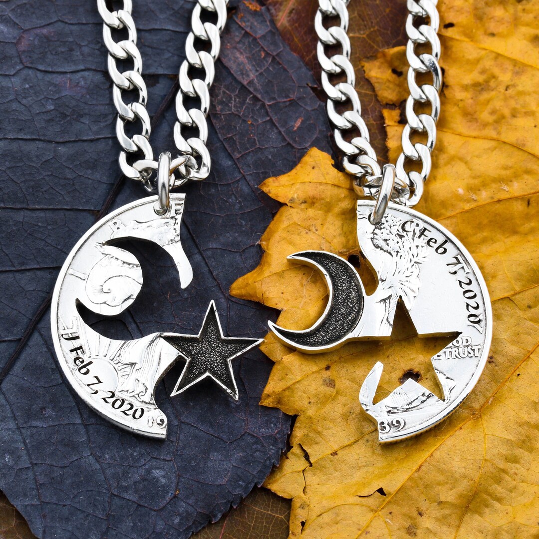 Engraved Moon Star Celestial Bodies Necklaces, Personalized Dates and ...