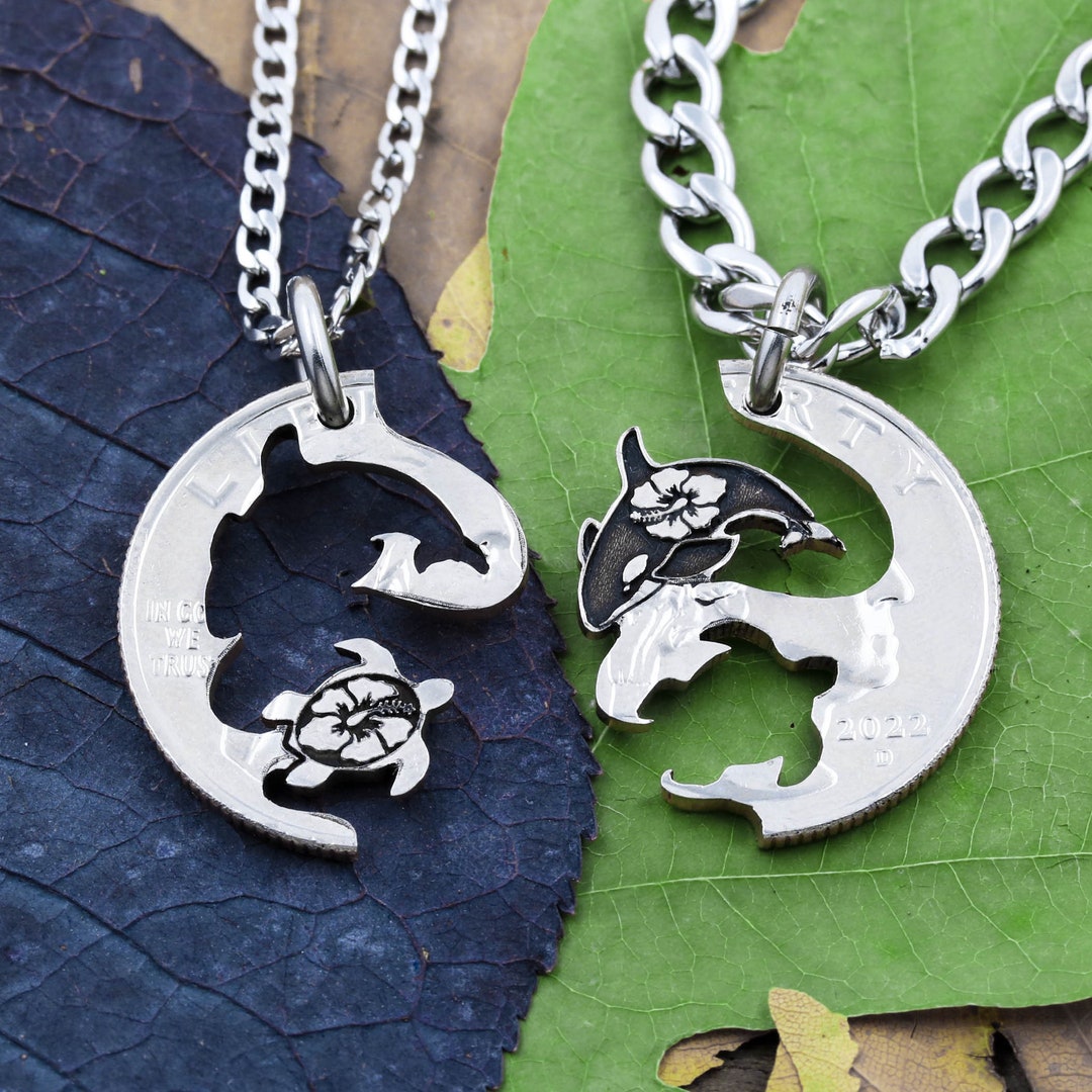 Orca Whale and Sea Turtle Necklaces, Engraved Hibiscus Flowers, BFF ...