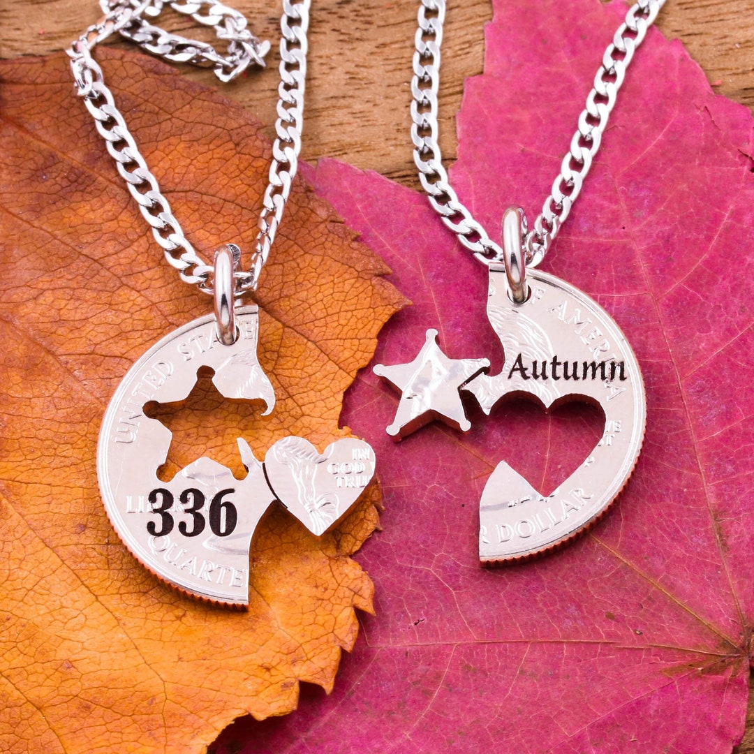 Sheriff Badge and Heart Couples Necklaces, Custom Engraved Names, Badge ...