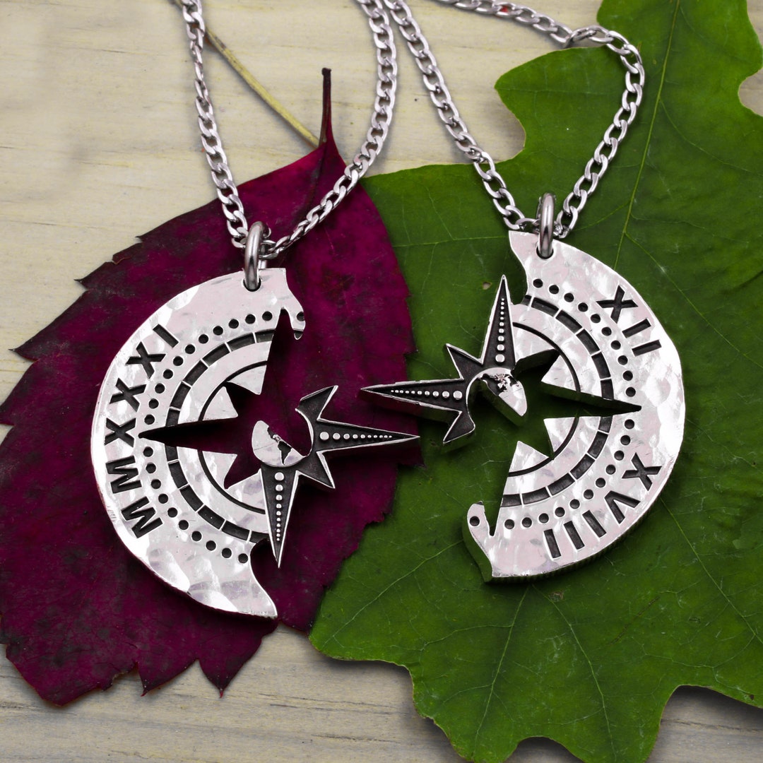 Hand Cut Silver Coin Compass Necklaces: Engraved Roman Numerals Travel ...