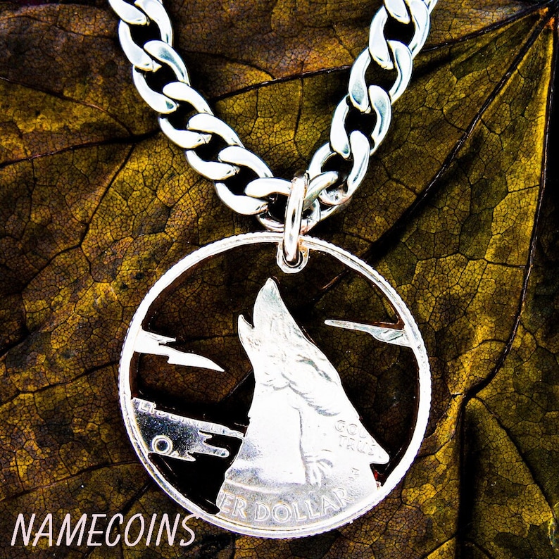 Howling Wolf Necklace With Clouds, Hand Cut Quarter - Etsy