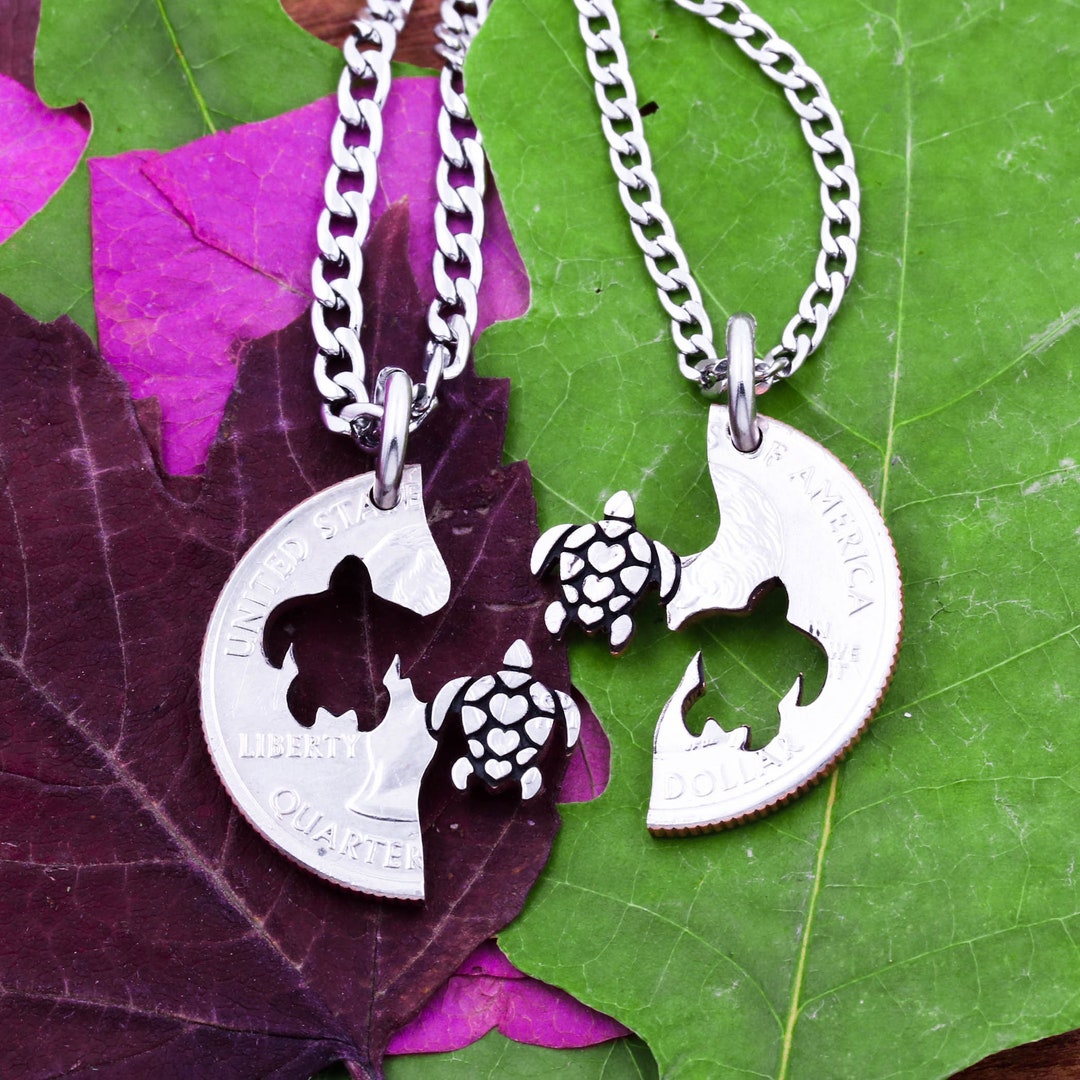 Hand Cut Quarter Sea Turtle BFF Necklaces, Engraved Heart Scales - Etsy