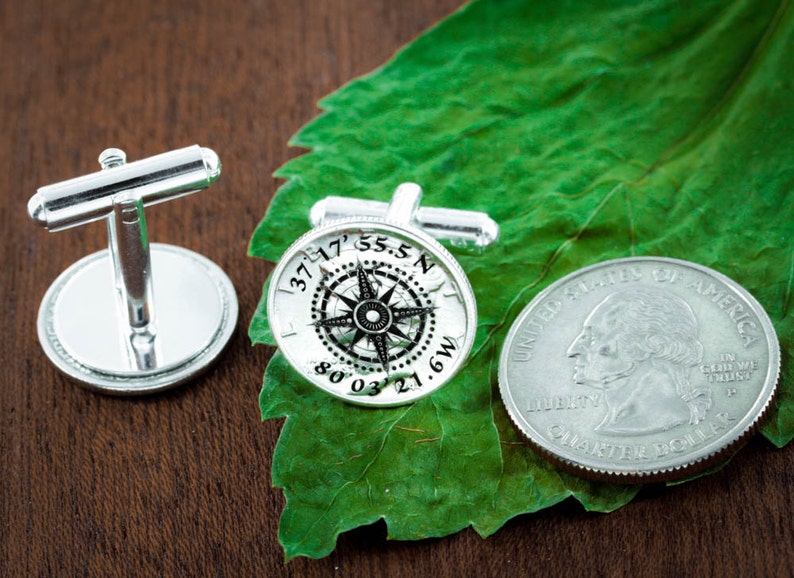 Bespoke Silver Compass Cufflinks with Engraved GPS | Etsy