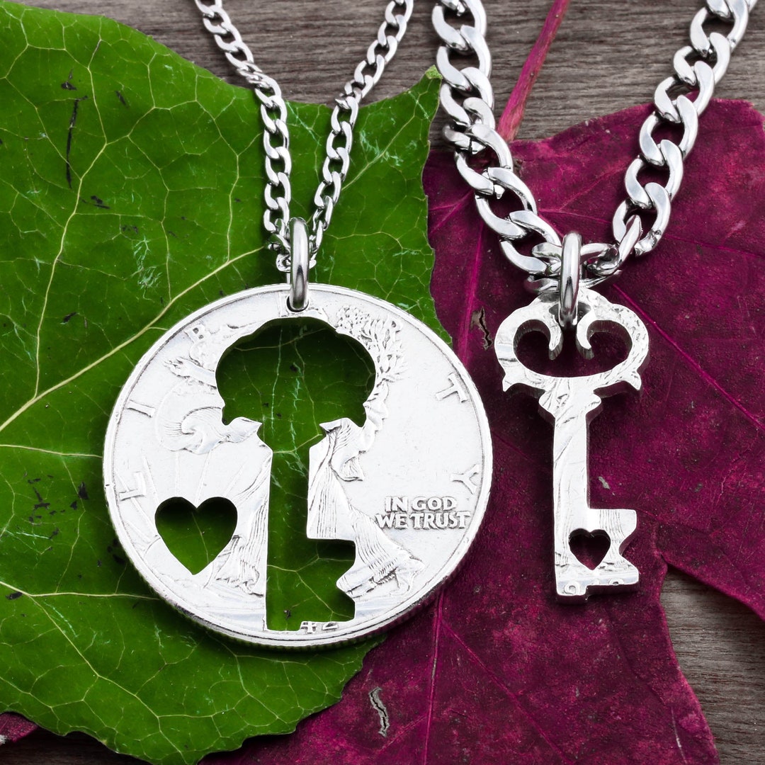 Key Cut Out Necklaces With Tiny Hearts, Couples Love Jewelry, BFF Gifts ...