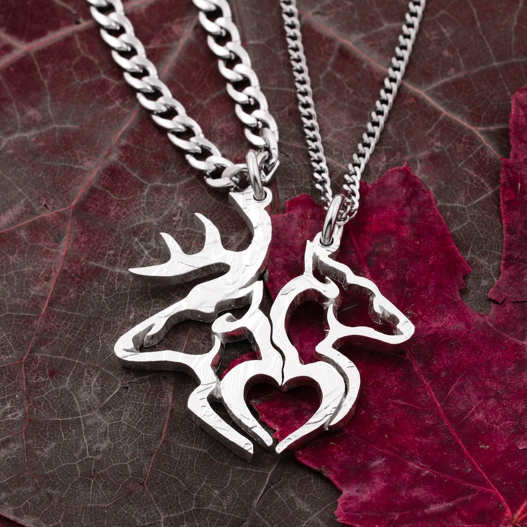 Buck and Doe Split Heart Necklaces, Couples Hunting Jewelry, Relationship Sets, Hand Cut Coin - Etsy