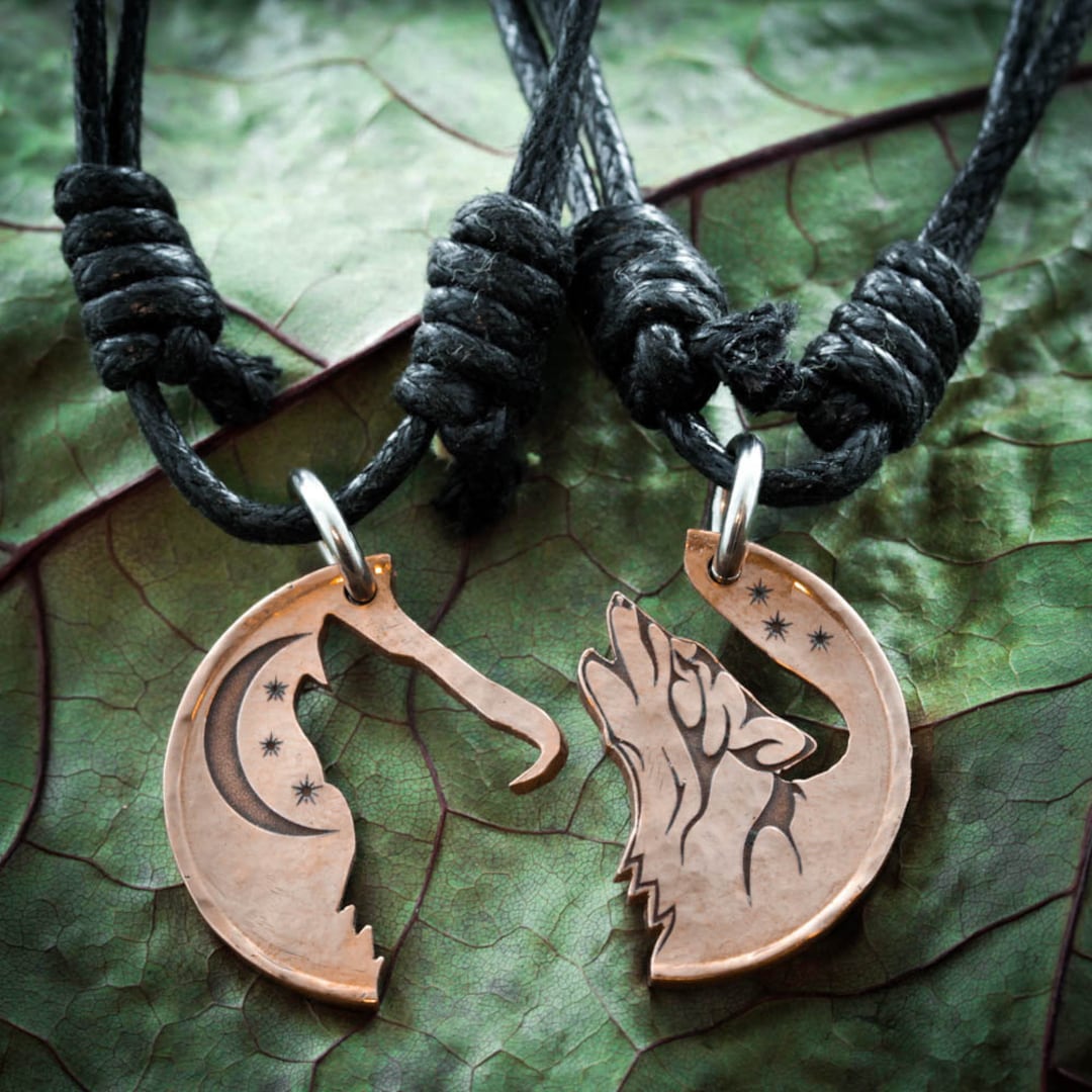 Copper Wolf Necklaces, Howling Tribal Wolves With Moon, Interlocking ...