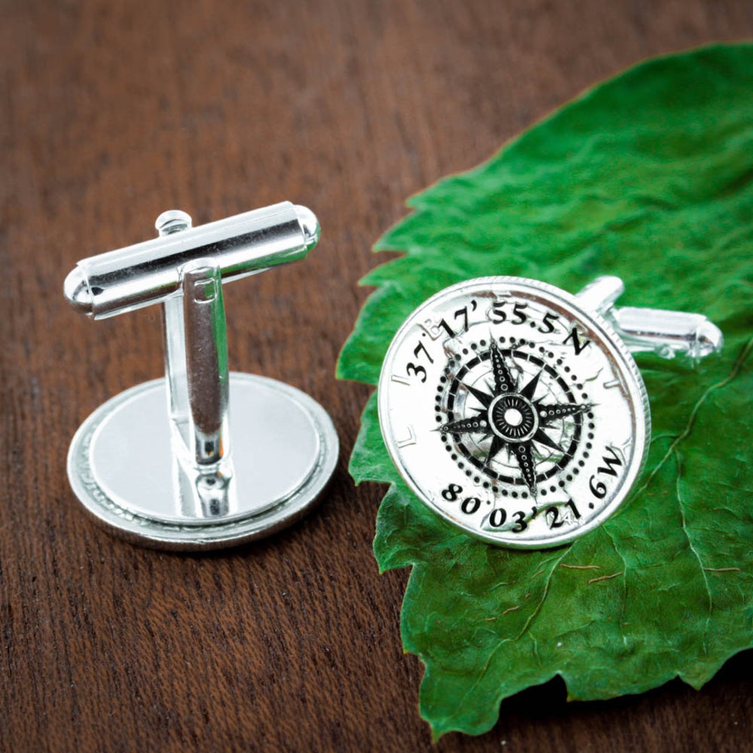 Bespoke Silver Compass Cufflinks With Engraved GPS Coordinates, Groom ...