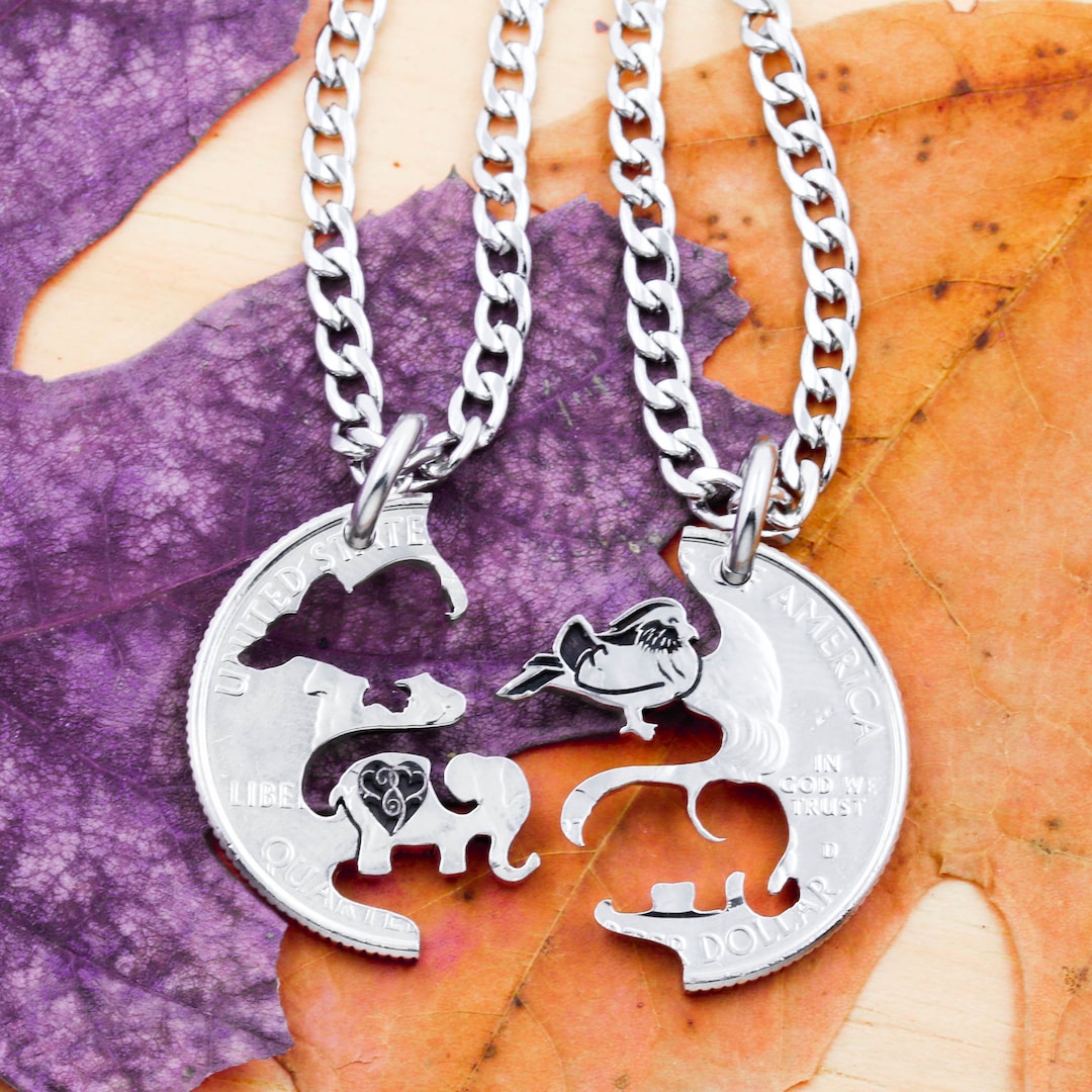 Hand Cut Coin Necklace Set: Engraved Elephant and Bird, Interlocking ...