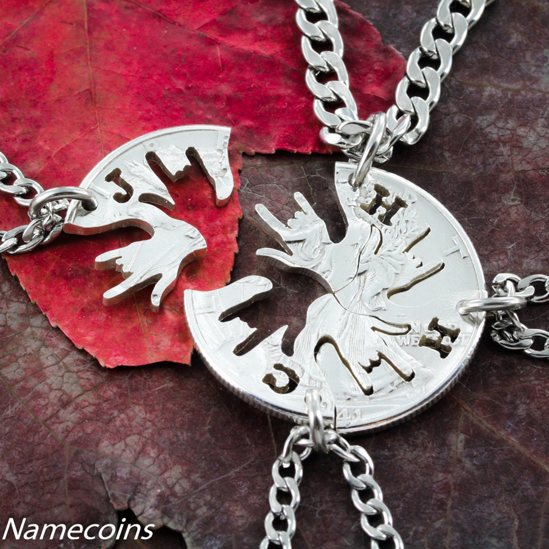 Hand Cut Coin Necklace Set: ASL I Love You Hands, Custom Initials - Etsy
