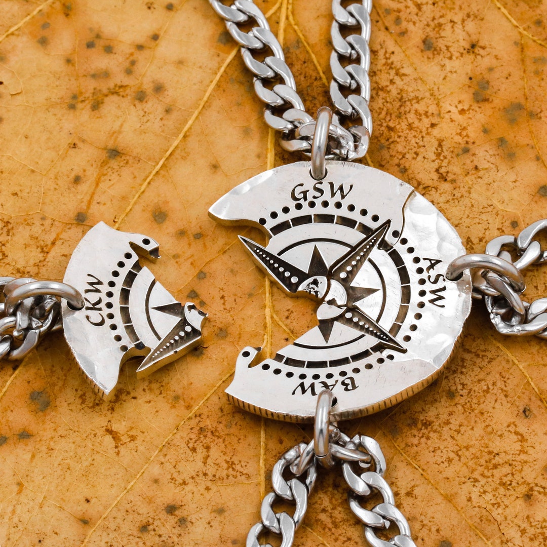 Engraved Compass Necklace Set: Hand Cut Silver Coin, Personalized ...
