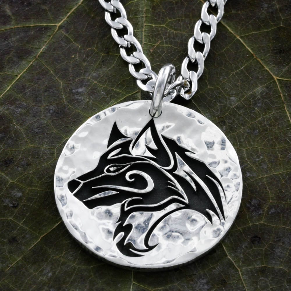 Silver Wolf Necklace Loyal Pack Engraved Hammered Silver | Etsy
