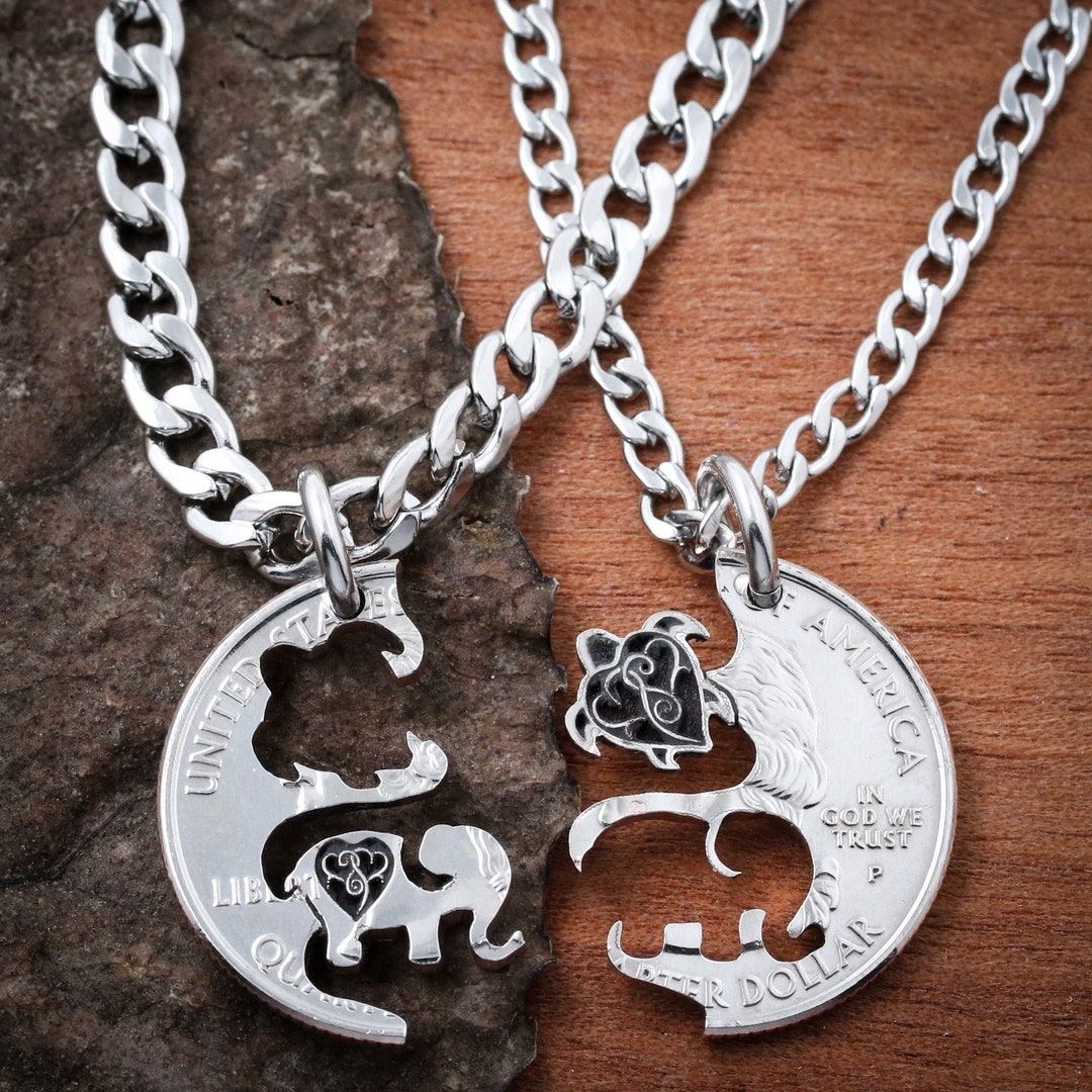 Hand Cut Coin Necklace Set: Sea Turtle & Elephant BFF Jewelry - Etsy