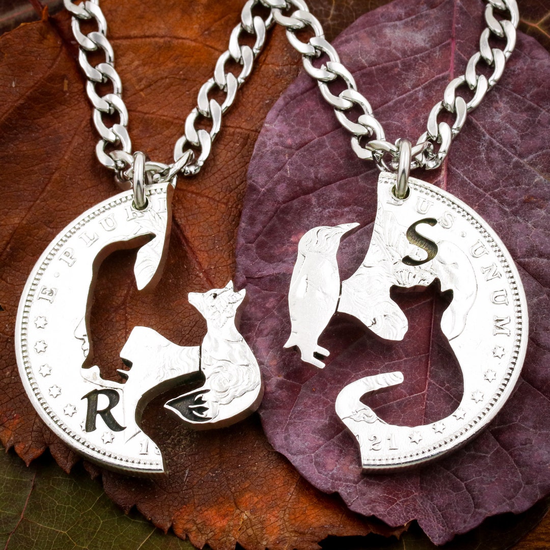 Hand Cut Coin Necklace Set: Fox and Penguin, Personalized Initials - Etsy