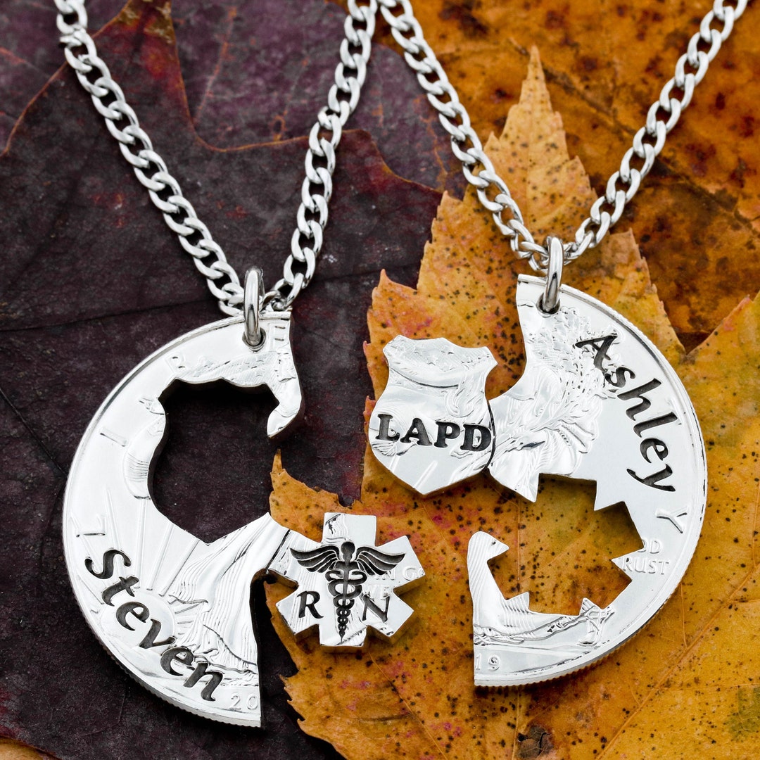 Hand Cut Coin Necklace Set: Police Shield & RN, Personalized Jewelry - Etsy