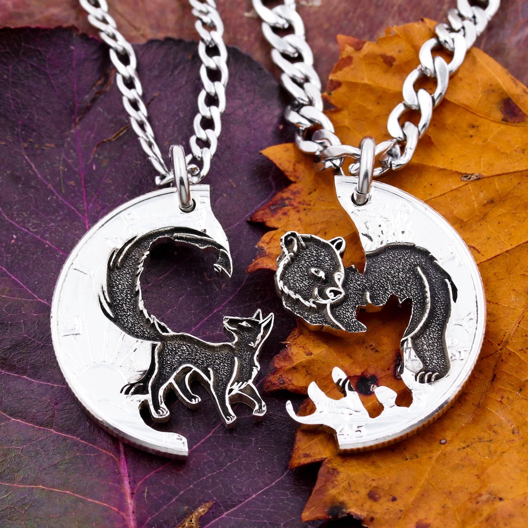 Bear and Fox Couples Necklaces, Engraved BFF or Couples Jewelry Gifts ...