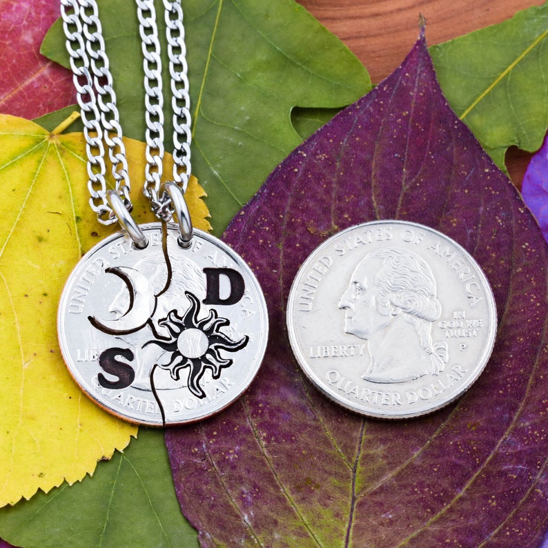 Hand Cut Coin Necklace Set: Moon and Sun, Custom Initial Jewelry - Etsy