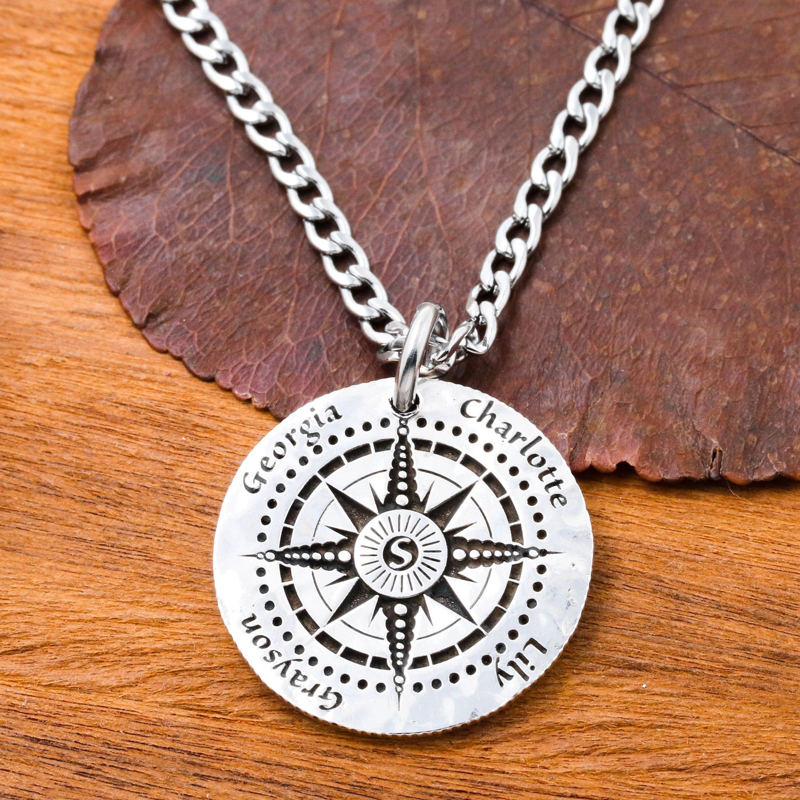 Compass Necklace With Custom Initial Names 4 Family Jewelry - Etsy