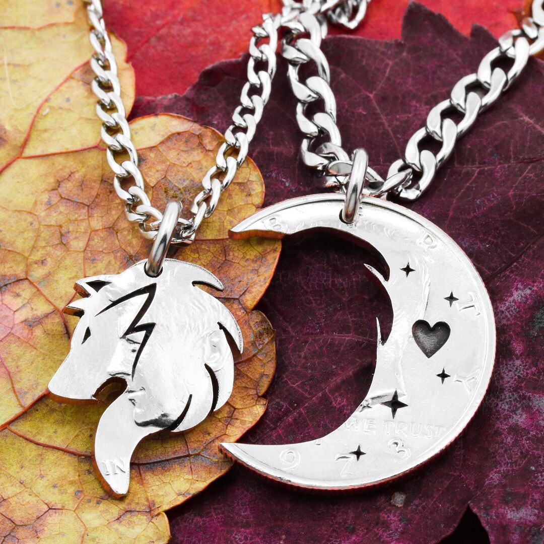 Wolf and Moon Coin Necklaces, Couples Hand Cut Connecting Pendants - Etsy