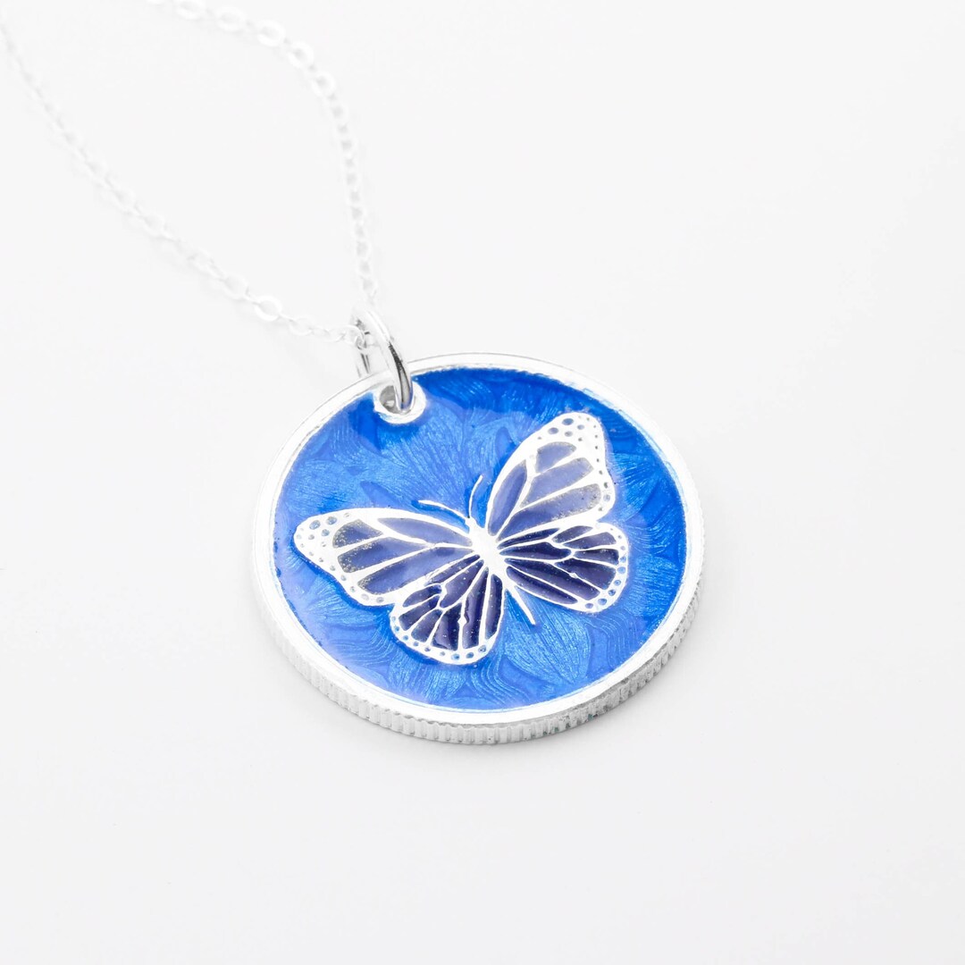 Dazzling Blue Butterfly Enameled Necklace, Transparent Glass Jewelry ...