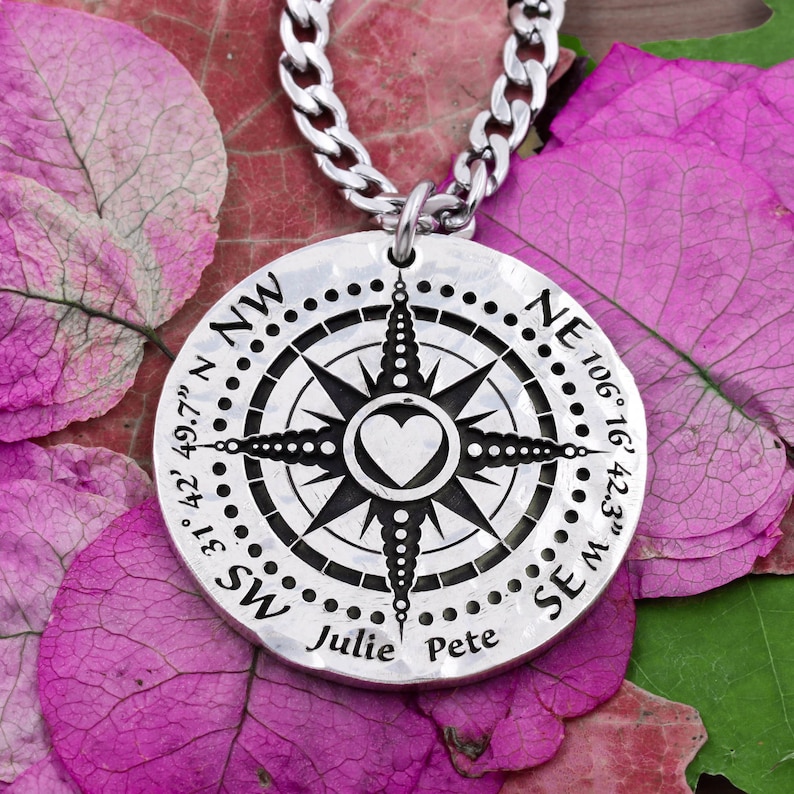 Engraved Compass With Center Heart Custom Names and - Etsy
