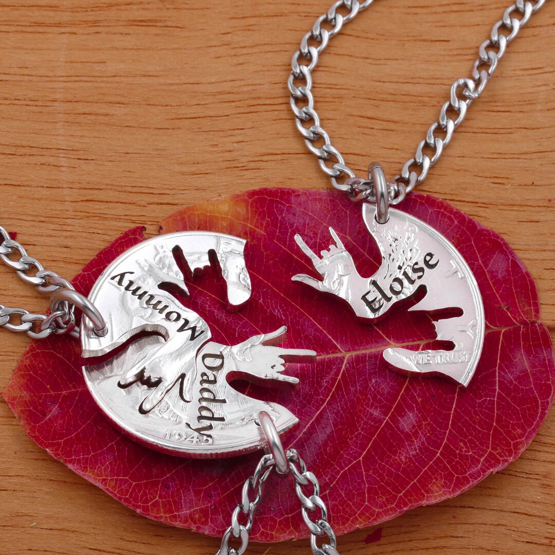 ASL I Love You Hand Cut Coin Necklace - Custom Engraved Family Jewelry ...