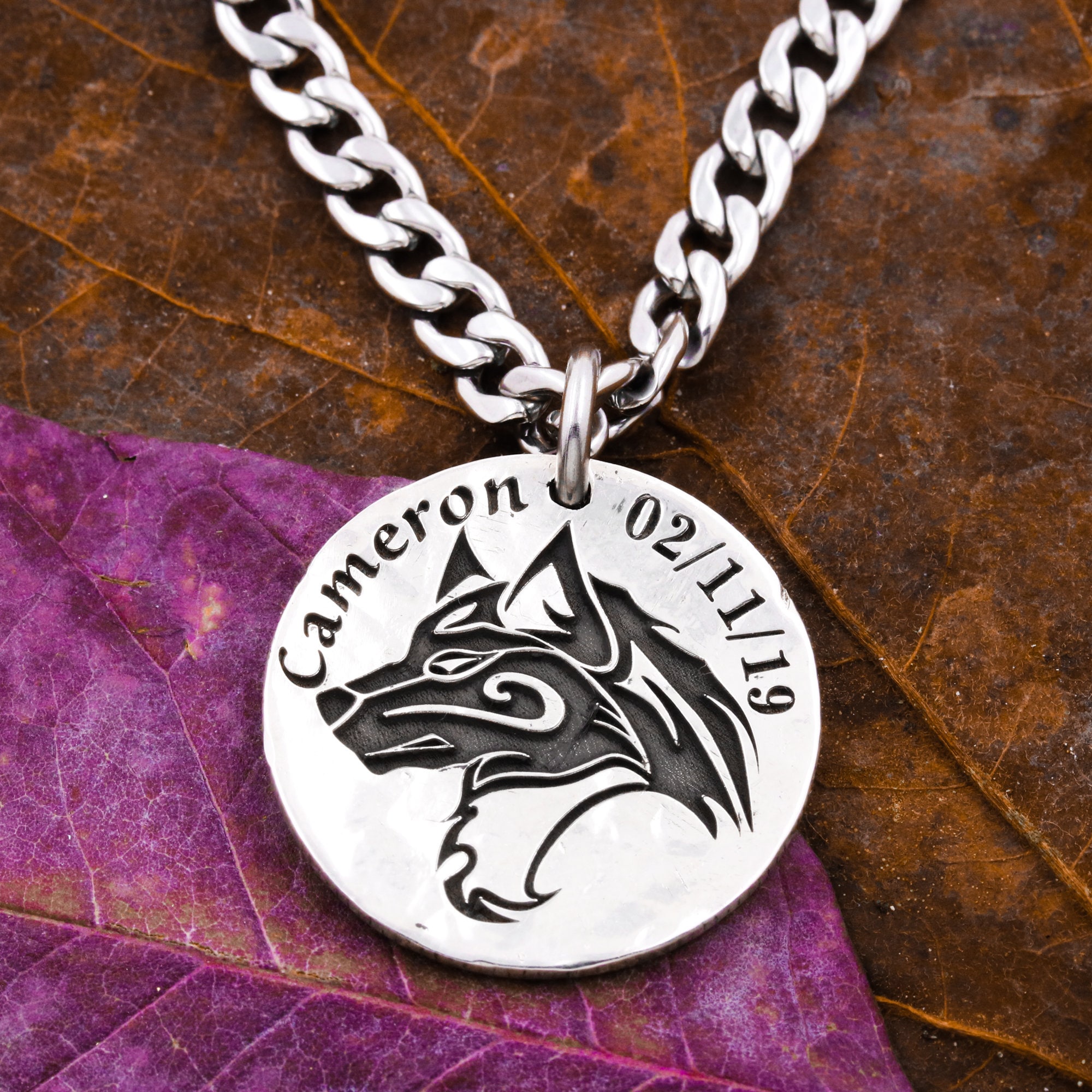 Silver Wolf Necklace with Custom Engraved Date and Name | Etsy