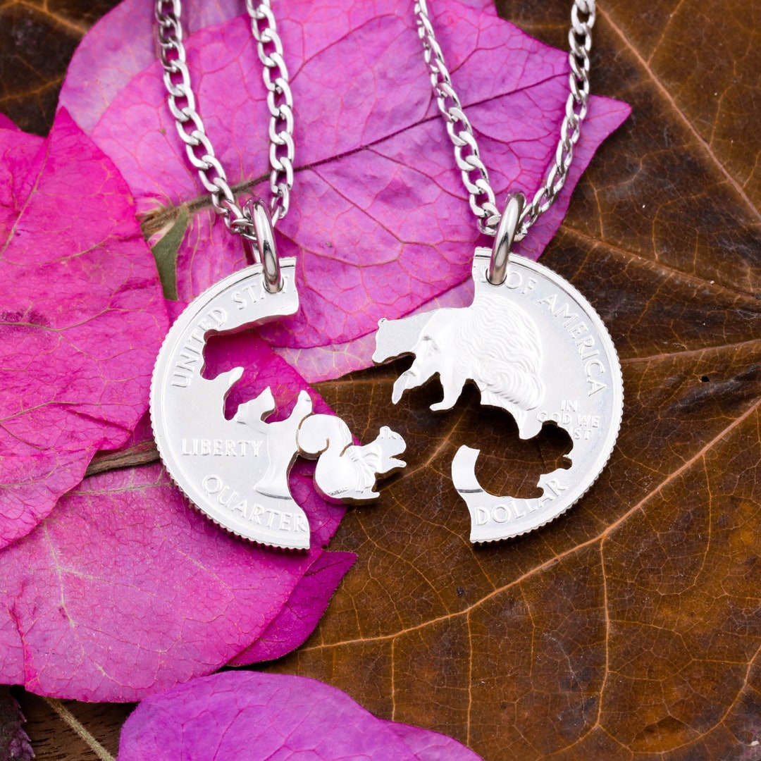 Hand Cut Coin Necklace Set: Squirrel and Bear Friendship Jewelry - Etsy