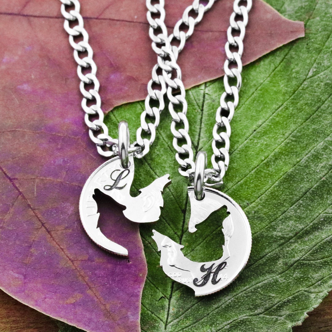 Howling Wolf Necklaces With Custom Cursive Initials, Best Friends or ...