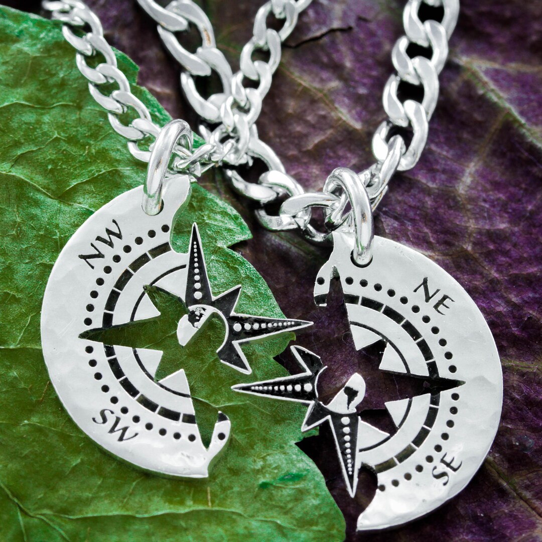 Engraved Silver Compass Couples Necklaces: Hand Cut Coin Jewelry - Etsy