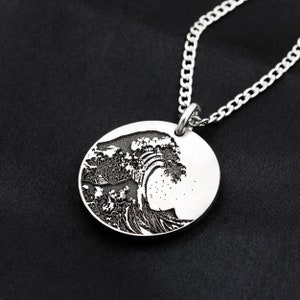 Titanium Great Wave off Kanagawa Necklace, Engraved Titanium Disk - Etsy
