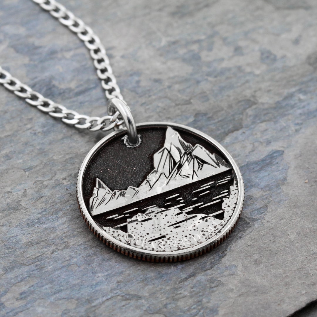 Mountain Scene Necklace, River, Rocks, Nature Jewelry, Engraved US Coin ...