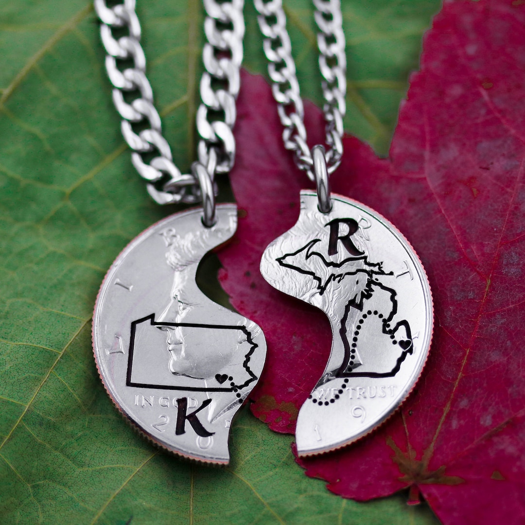 State-to-state Couples Necklaces, Custom Initials Engraved, Heart on ...