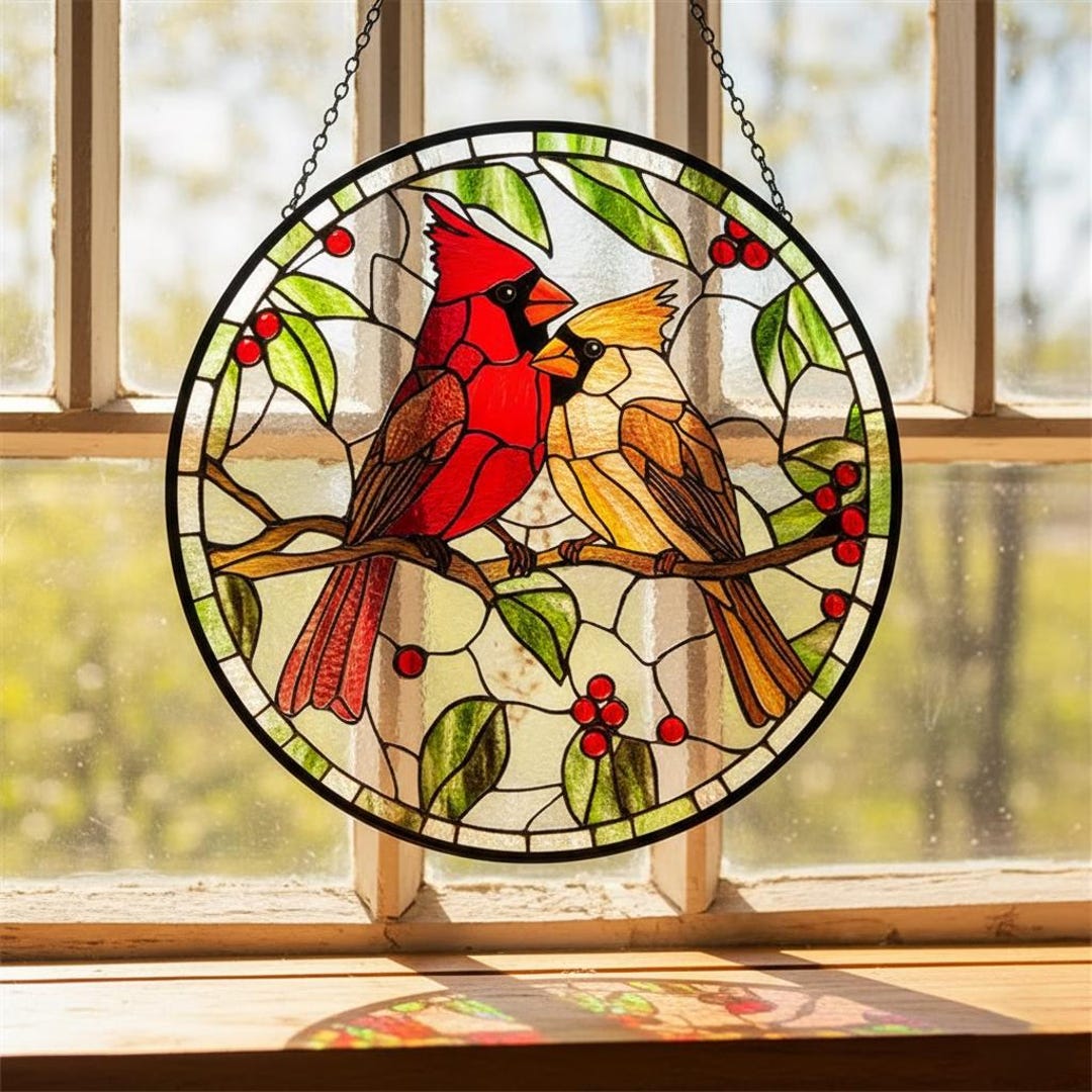 Cardinals Stained Glass Suncatcher, Cardinal Couple Window Hanging ...