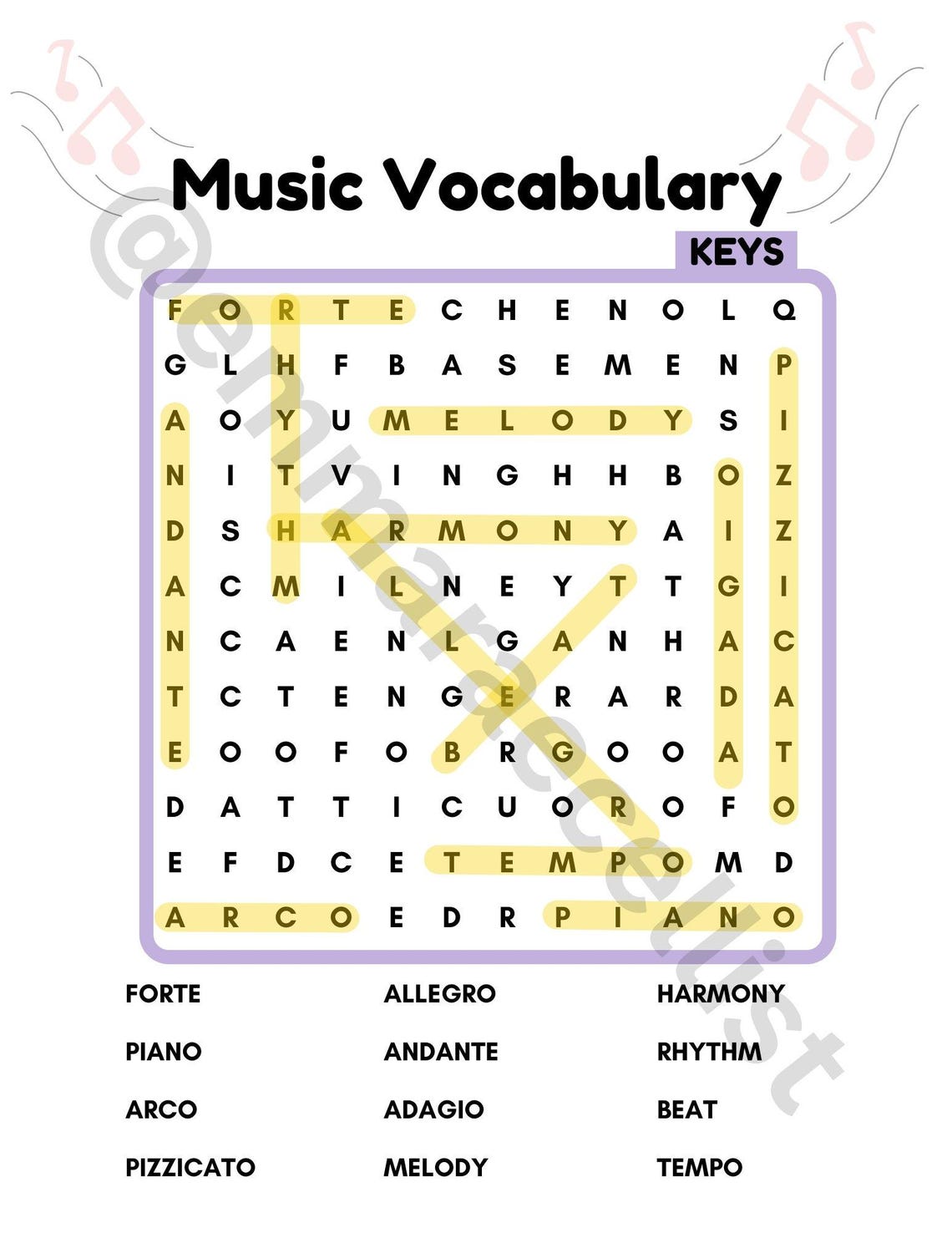 Music Vocabulary Wordsearch - PDF Digital Download - Etsy