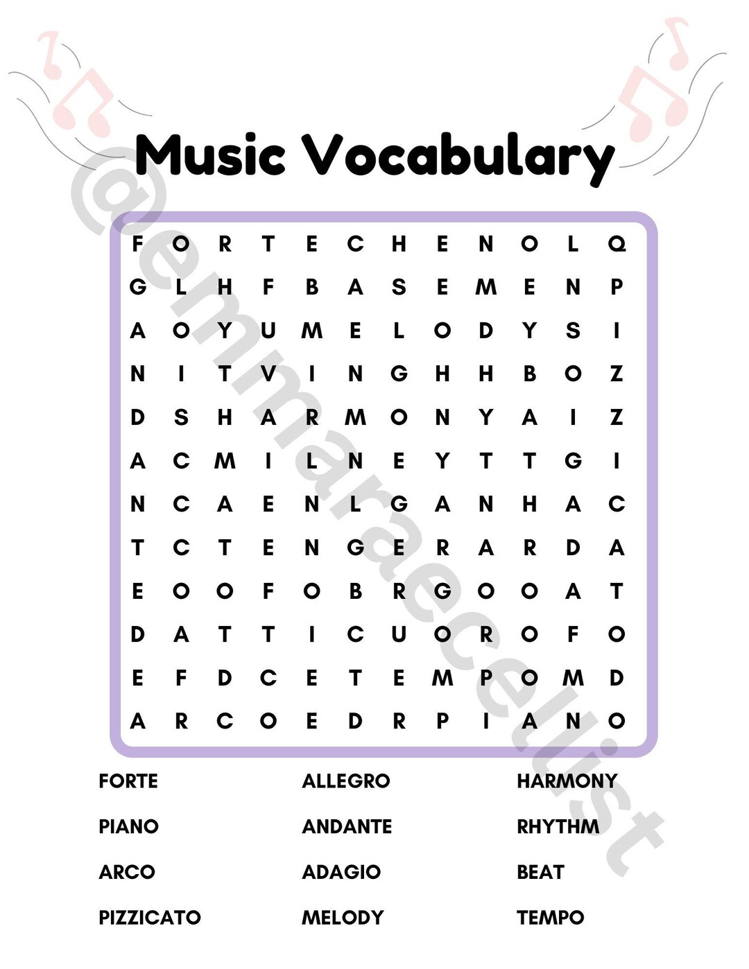 Music Vocabulary Wordsearch - PDF Digital Download - Etsy