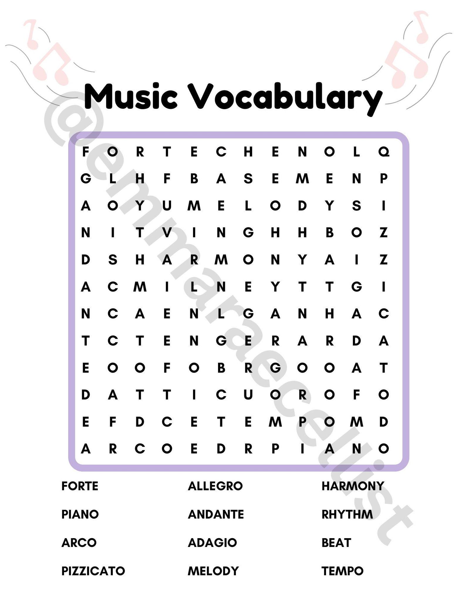 Music Vocabulary Wordsearch - PDF Digital Download - Etsy