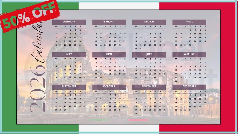 2026 Rome Printable Calendar – Colosseum Purple Aesthetic | Italy Wall ...