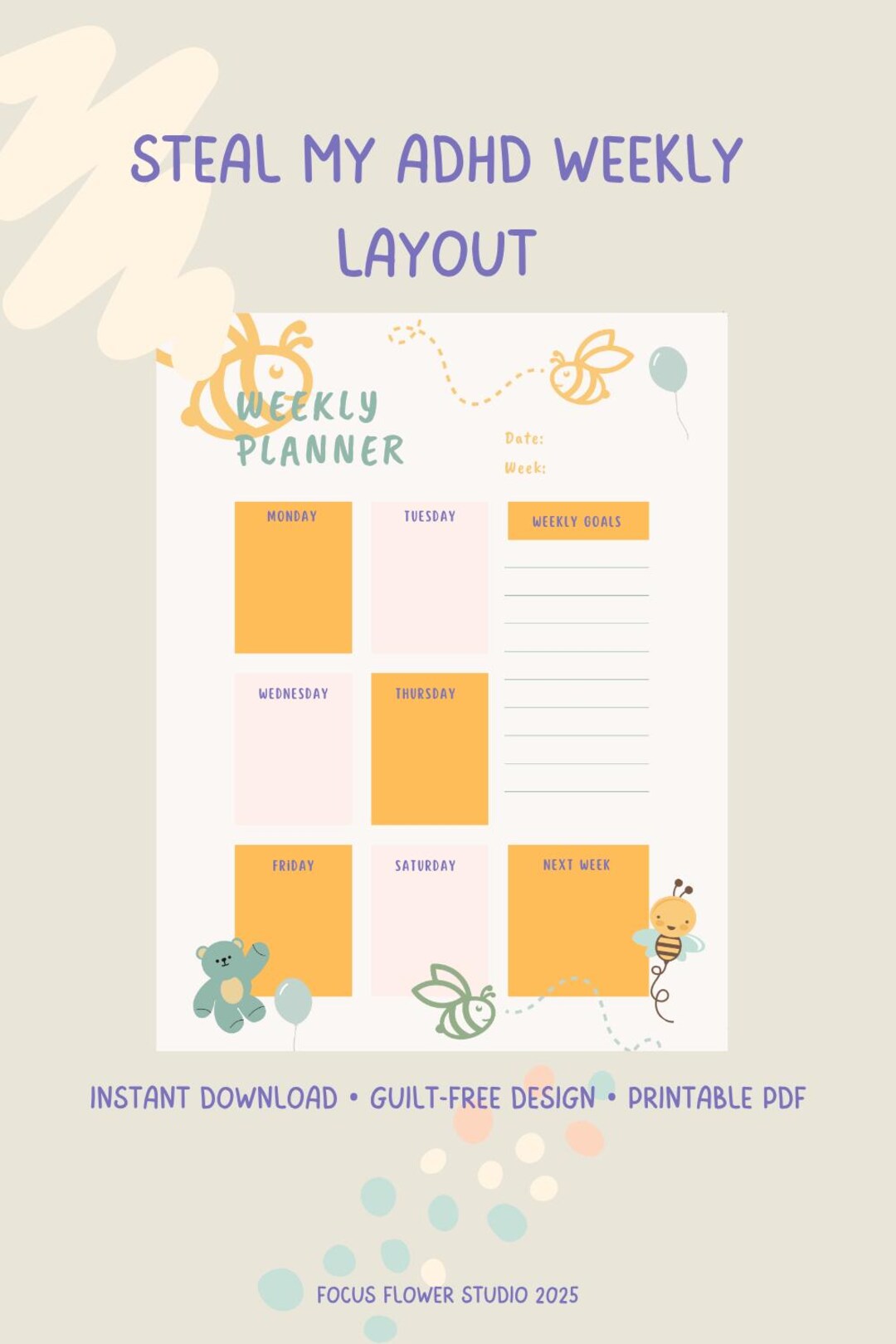 ADHD Weekly Planner Printable | Neurodivergent Weekly Spread | Pastel ...