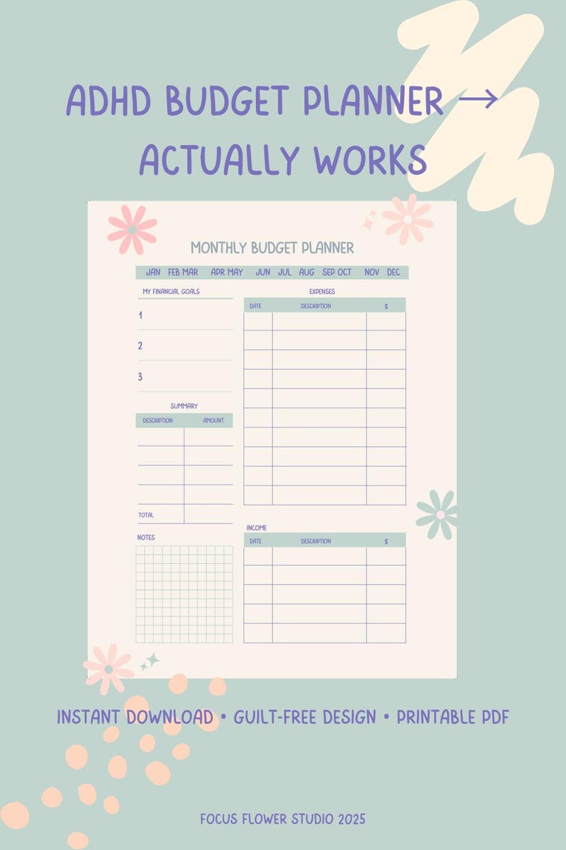 ADHD Budget Tracker Printable | Neurodivergent Monthly Budget Planner ...