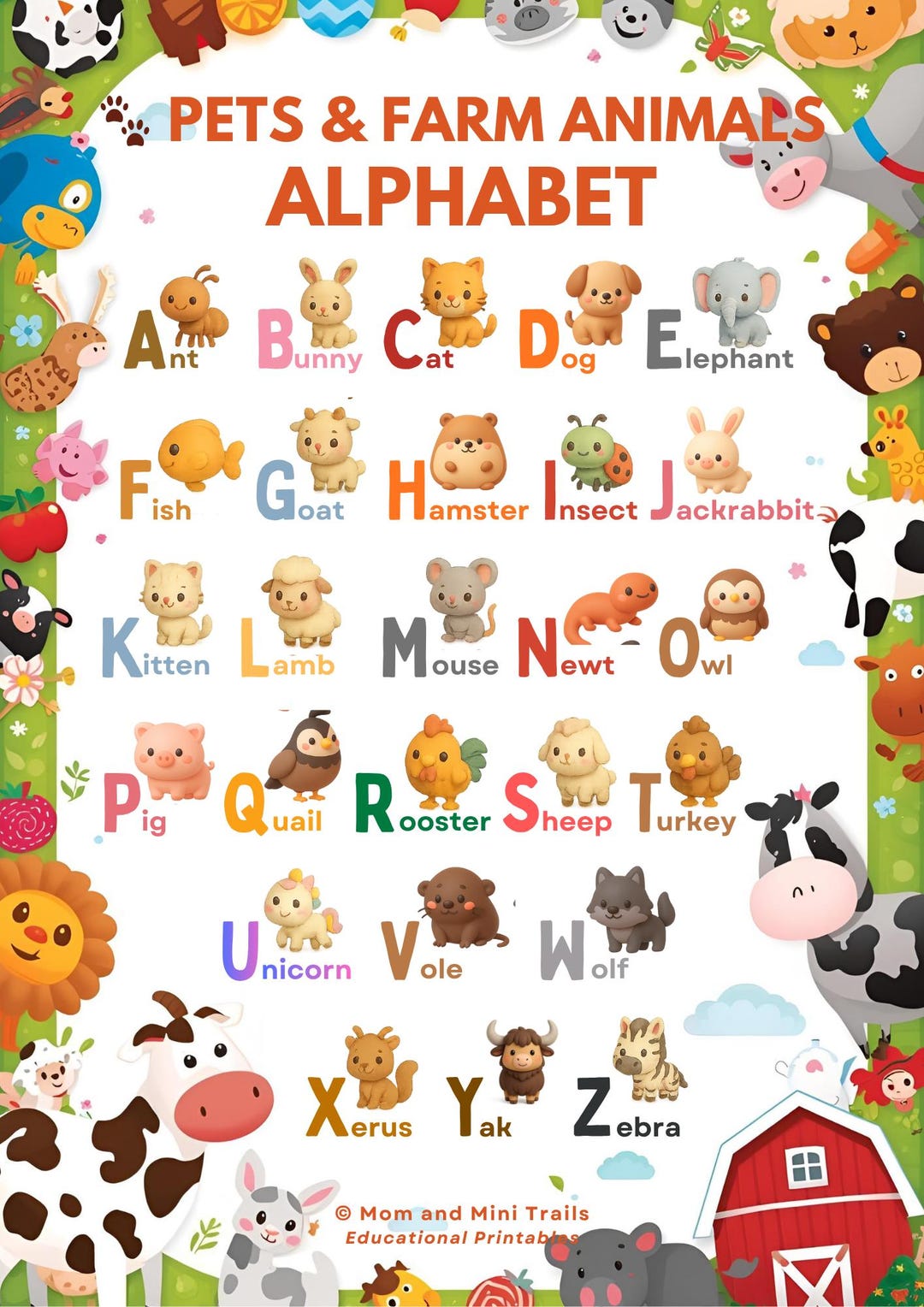 Pets & Farm Animals Alphabet Poster – Kids Decor – Printable ...
