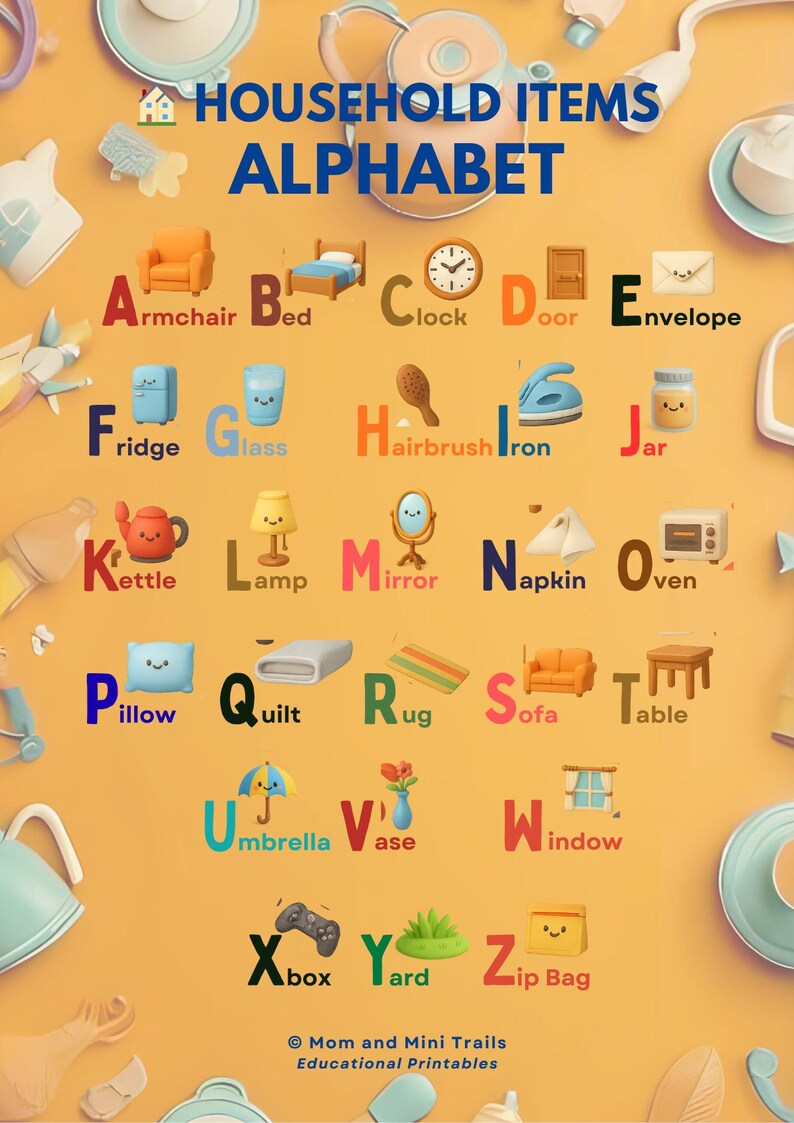 Household Items Alphabet Poster – Preschool Art – Printable Learning ...